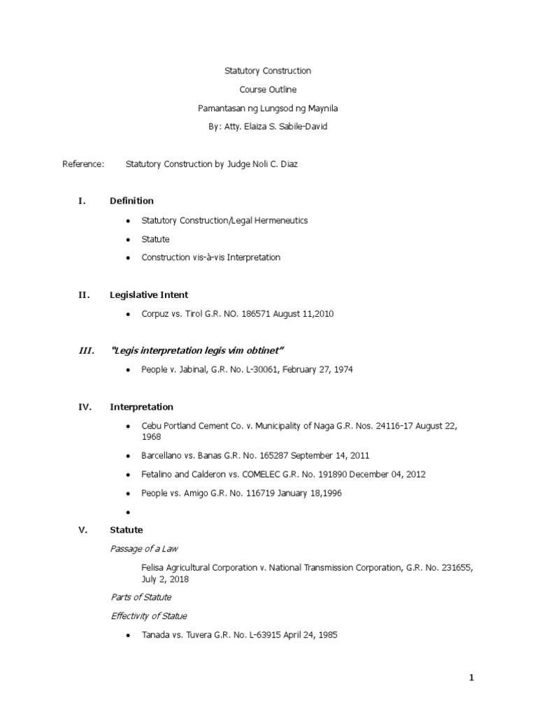 Statutory Construction Course Outline | PDF | Statutory Interpretation ...