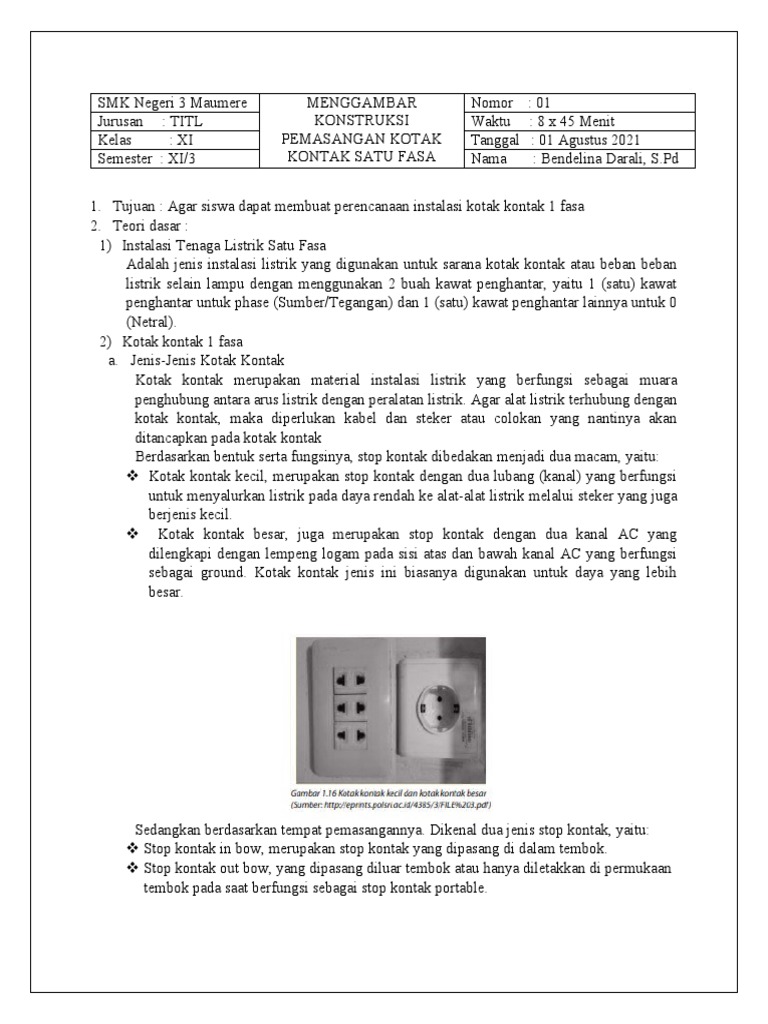 Jobsheet 1 - ITL - Konstruksi Pemasangan Kotak Kontak 1 Fasa | PDF