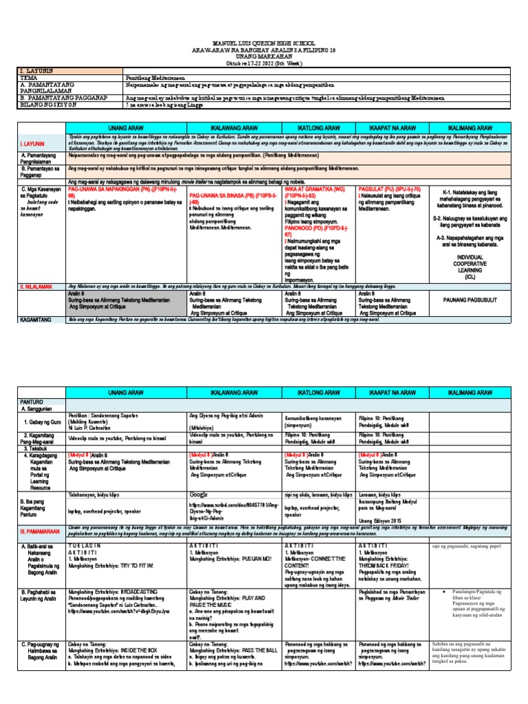 8th DLL in Filipino 10. Aralin 1.5 | PDF