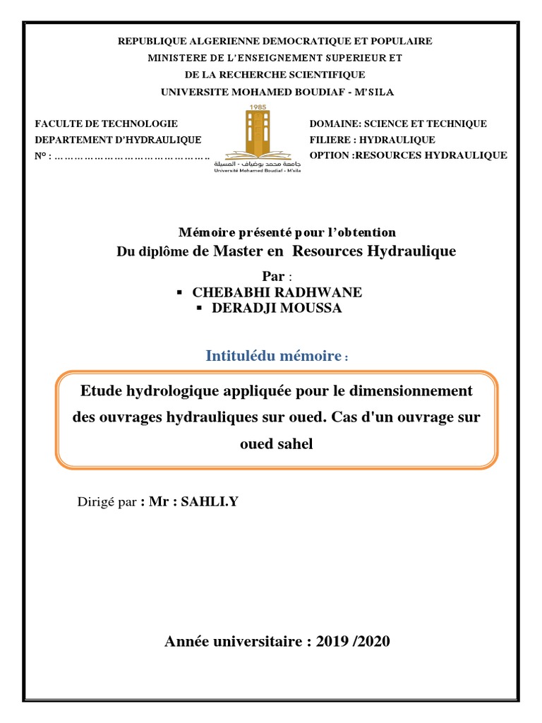 De Master en Resources Hydraulique: Mémoire Présenté Pour L'obtention ...