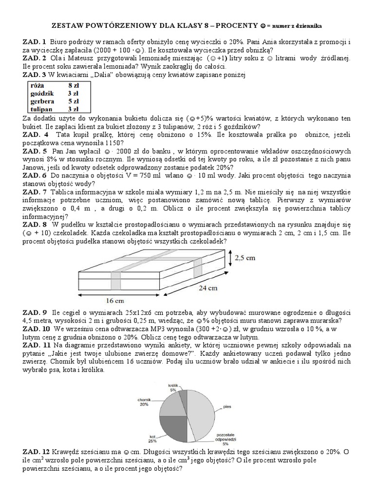 Zestaw Powtórzeniowy Dla Klasy 8 Procenty Cz. 1 | PDF