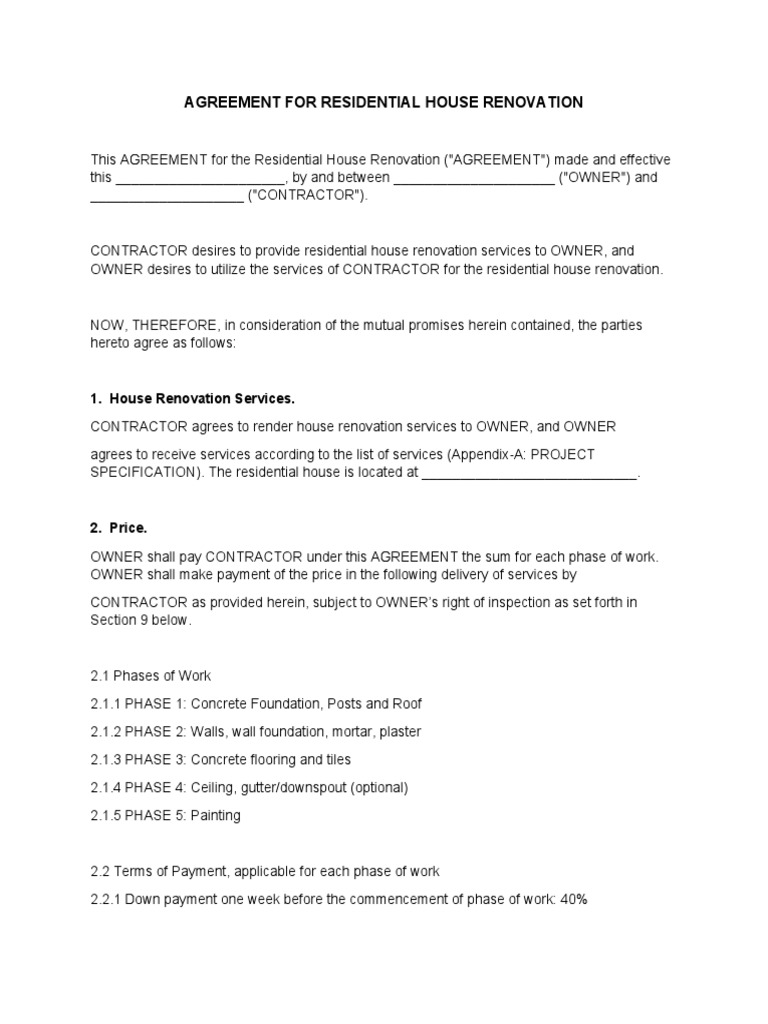 7 - Residential Renovation Agreement | PDF | Civil Law (Legal System ...