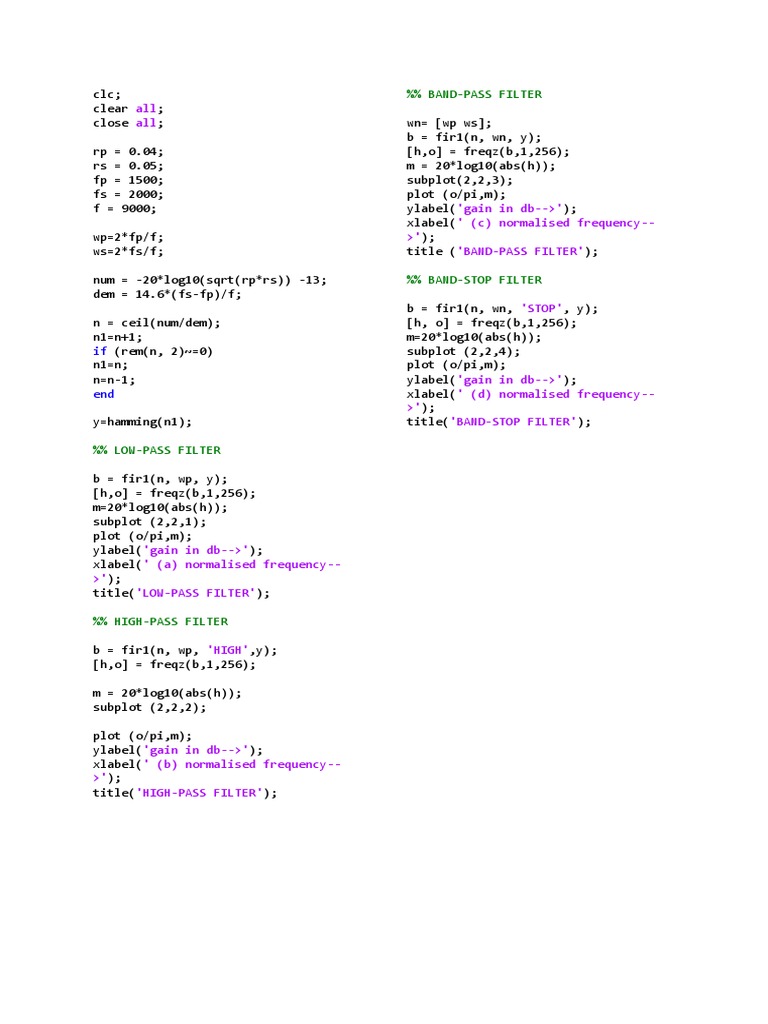 FIR Filter Design MATLAB Code | PDF