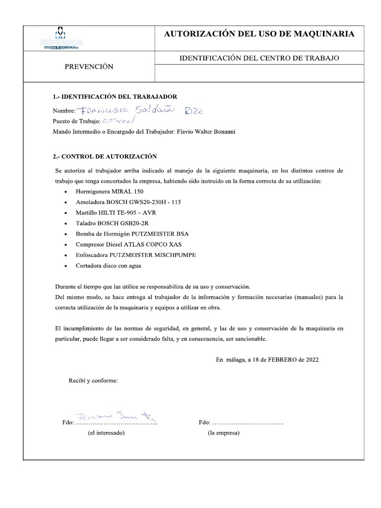 Autorización Uso Maquinaria Plantilla Nueva | PDF