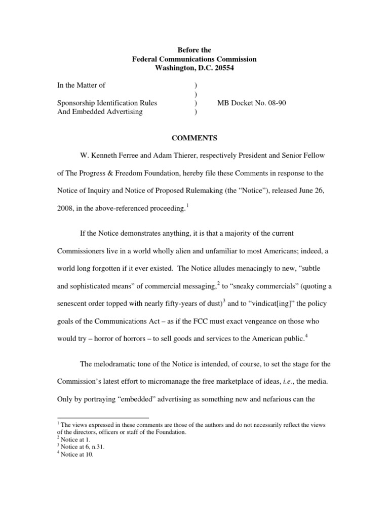 Product Placement - Embedded Advertising Filing (PFF) | PDF | Federal ...