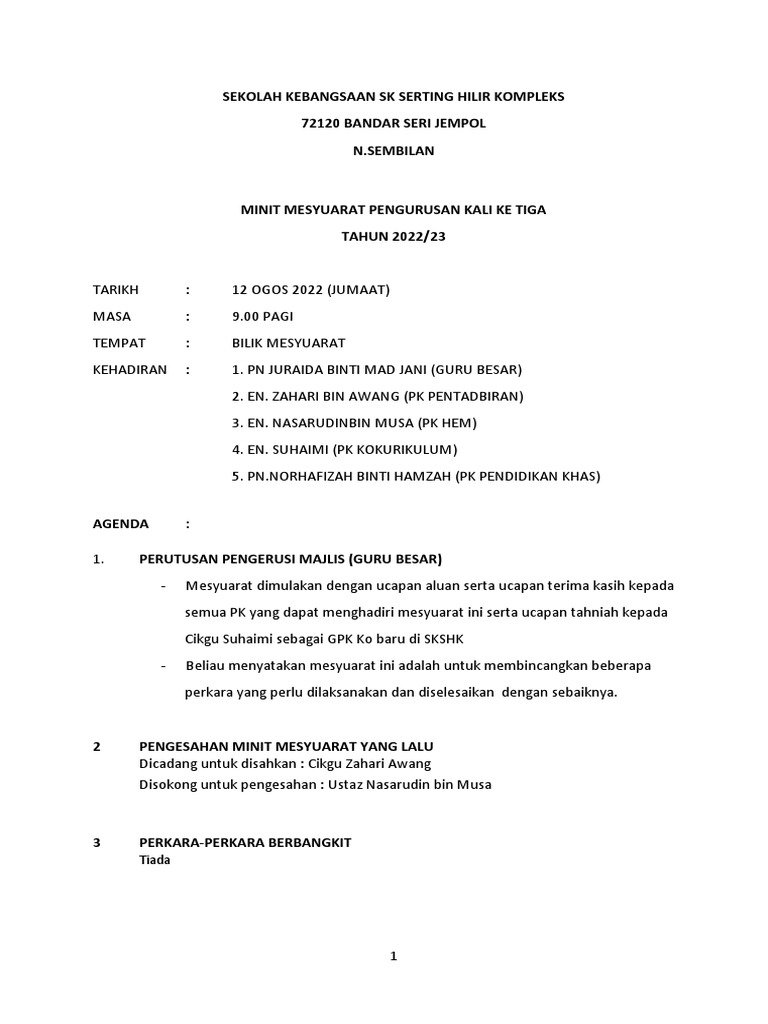 Minit Mesyuarat Pengurusan | PDF