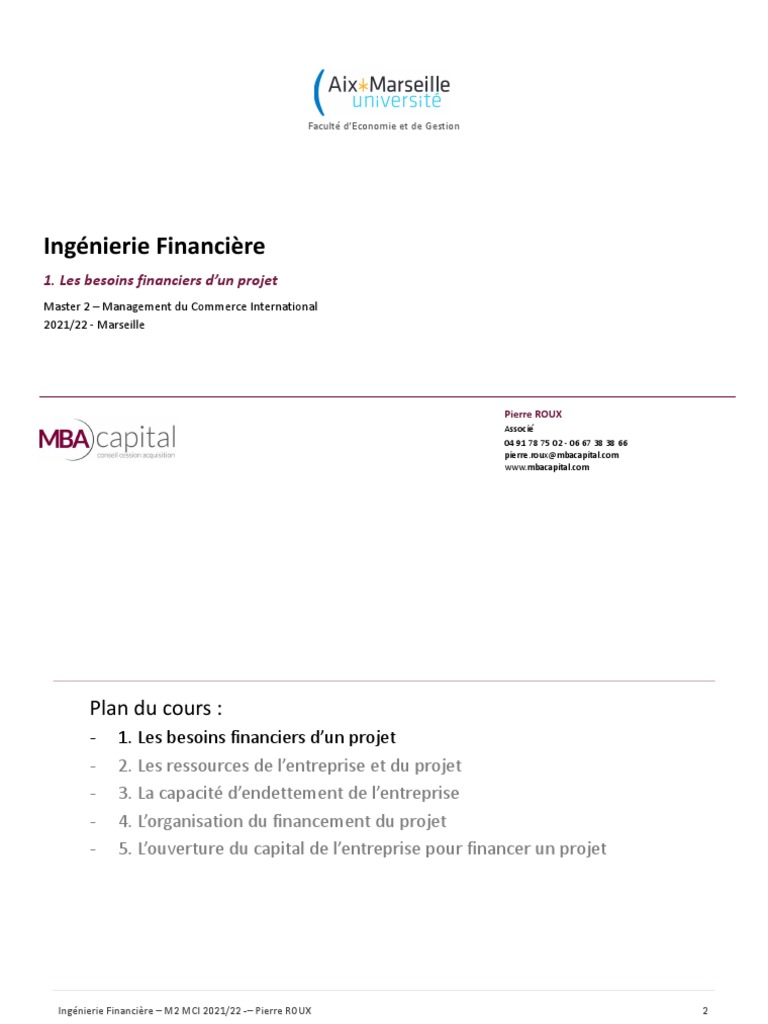 Cours Ing Fin M2 MCI 21-22 (1. Besoins Financiers) | PDF
