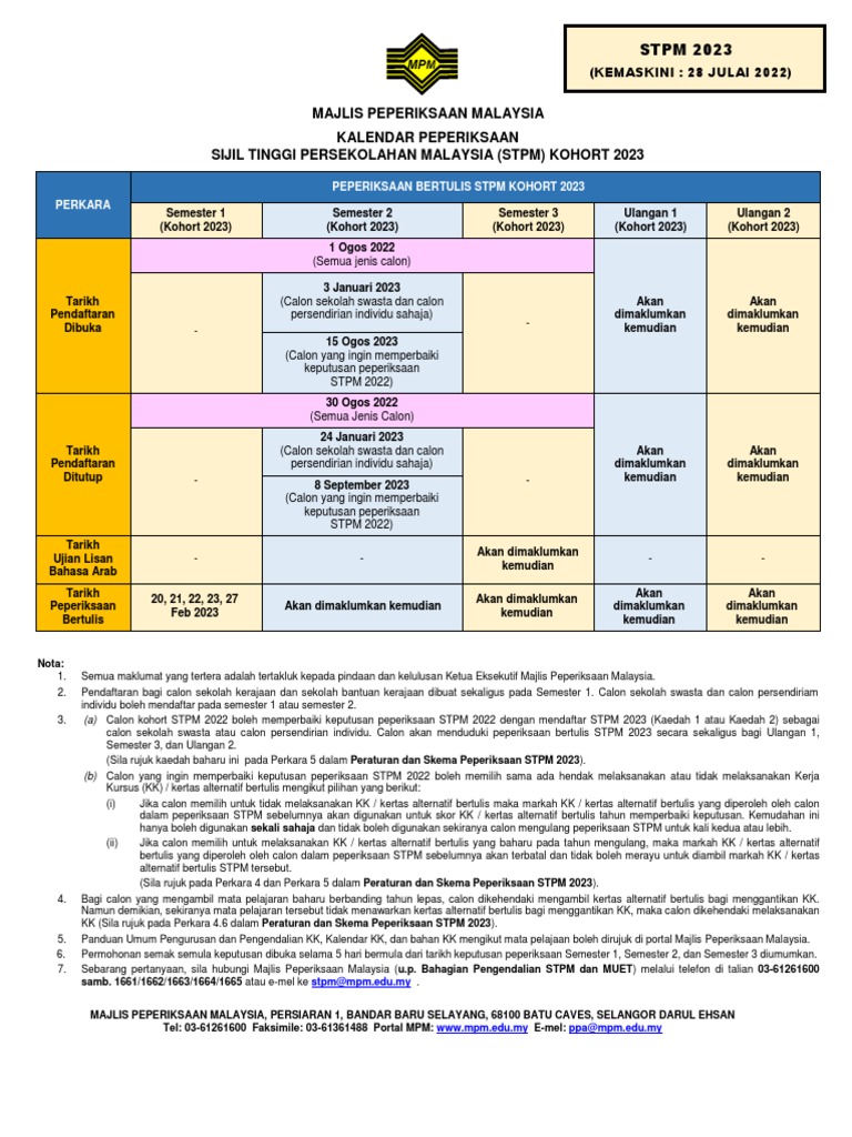 Kalendar STPM2023-edisi 28 Julai 2022 | PDF