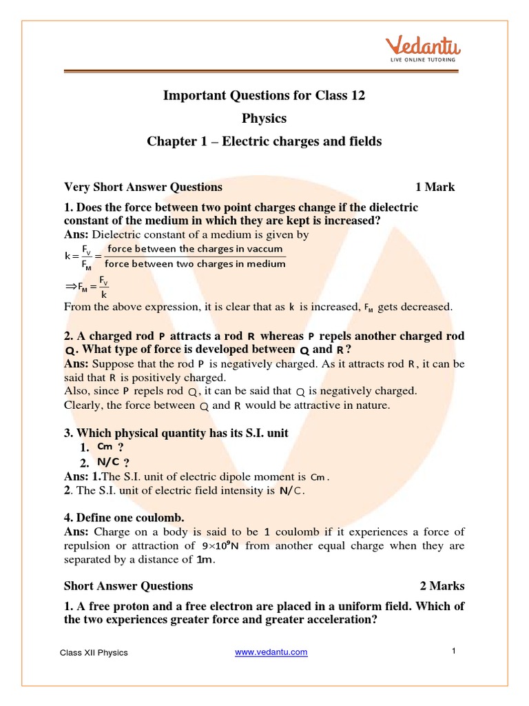 CBSE Class 12 Physics Chapter 1 Important Questions With Solutions ...