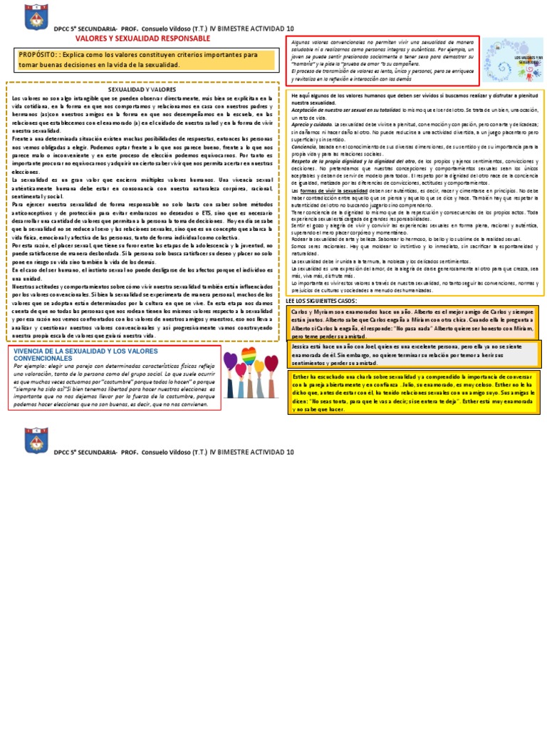 ACTIVIDAD 10 DPCC 5°VALORES Y SEXUALIDAD RESPONSABLE | PDF | La sexualidad humana | Placer