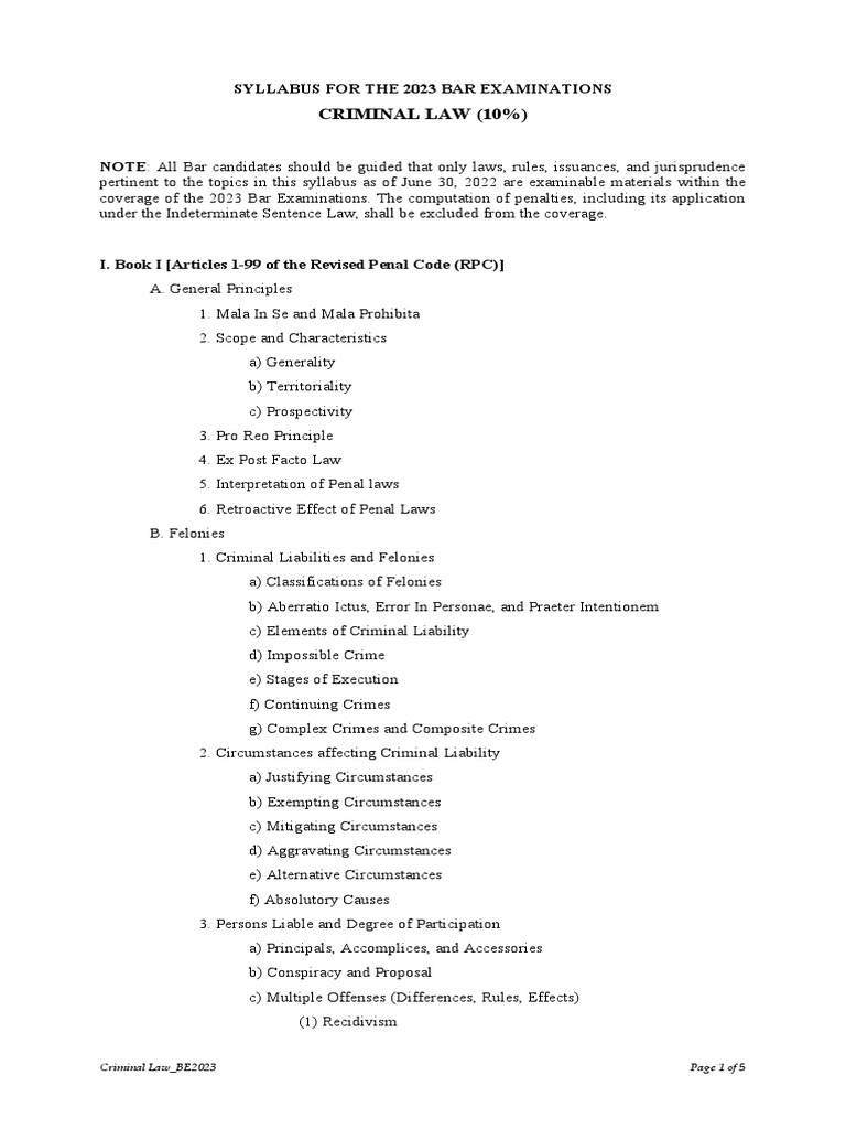 Syllabus For The 2023 Bar Examinations - Criminal Law | PDF | Criminal ...