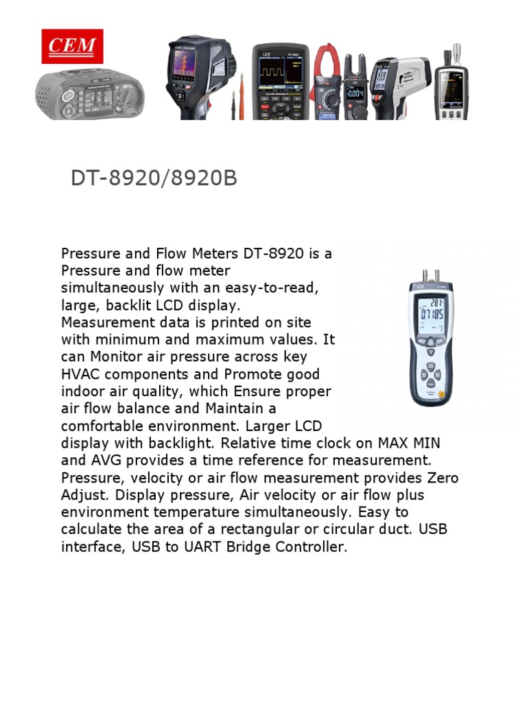CEM DT-8920, DT-8920B Datasheet | PDF | Flow Measurement | Pressure