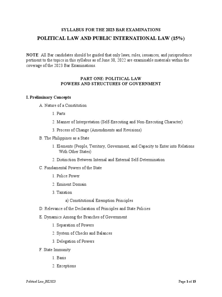 Syllabus For The 2023 Bar Examinations - Political Law | PDF | American Government | Presidents ...