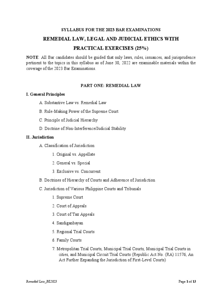 Syllabus For The 2023 Bar Examinations - Remedial Law | PDF | Lawyer ...