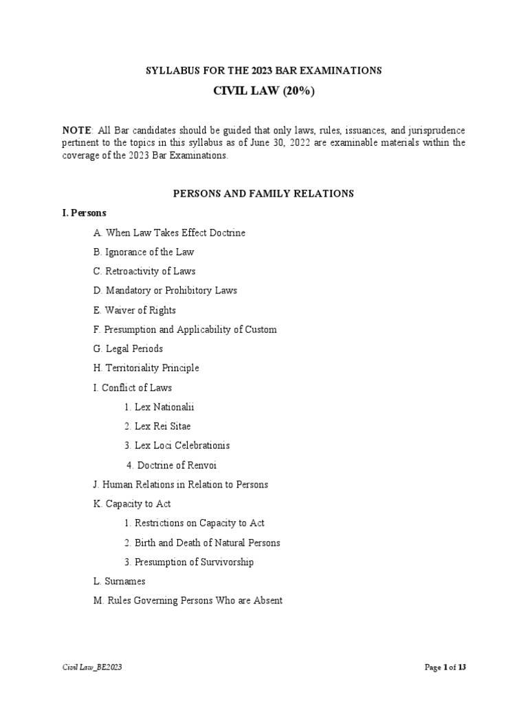 2023 Bar Exam Civil Law Syllabus | PDF