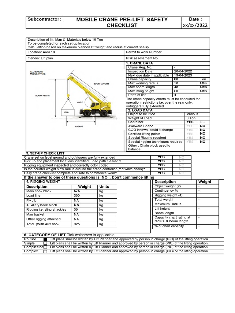 Mobile Crane Pre-Lift Safety Checklist | PDF | Crane (Machine)