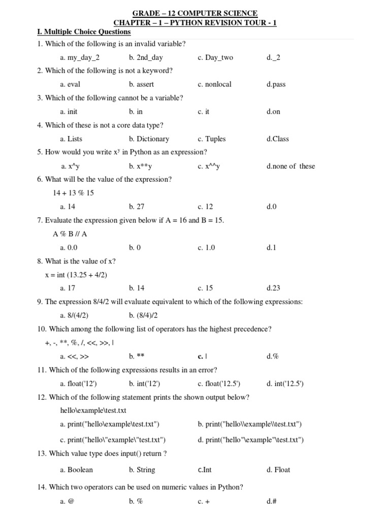 Chapter - 1 - Python Revision Tour - 1 (One Mark, MCQ Questions) | PDF