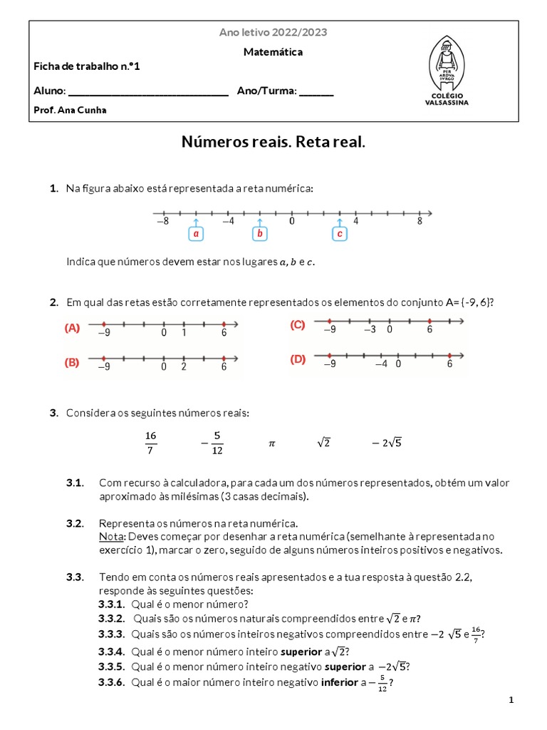 Ficha N.º1 - Reta Real | PDF