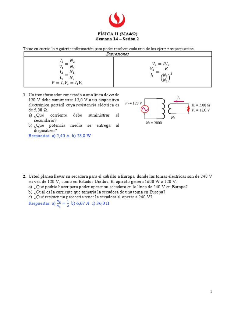 MA462 S14 DC2 Transformadores PREG | PDF | Transformador | Poder (Física)