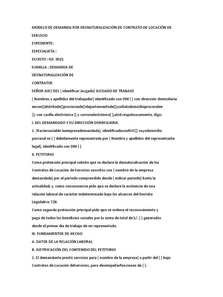 Modelo Demanda de Desnaturalizacion de Contrato | PDF | Derecho laboral | Justicia