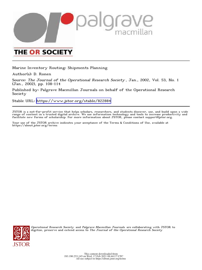 Marine Inventory Routing Shipments Planning Pdf Mathematical Optimization Inventory
