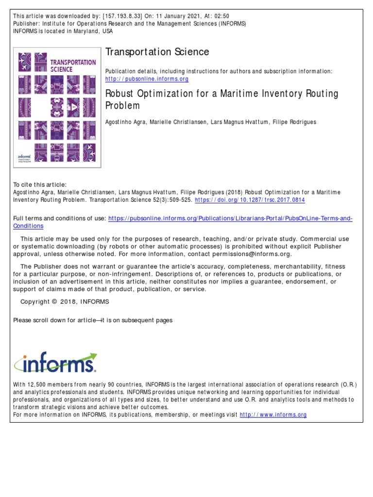 Robust Optimization For A Maritime Inventory Routing Problem2018Transportation Science | PDF ...