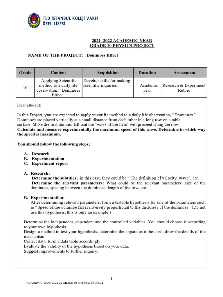 10.siniflar Fizik 1.konu Dominoes Project | PDF | Experiment | Hypothesis