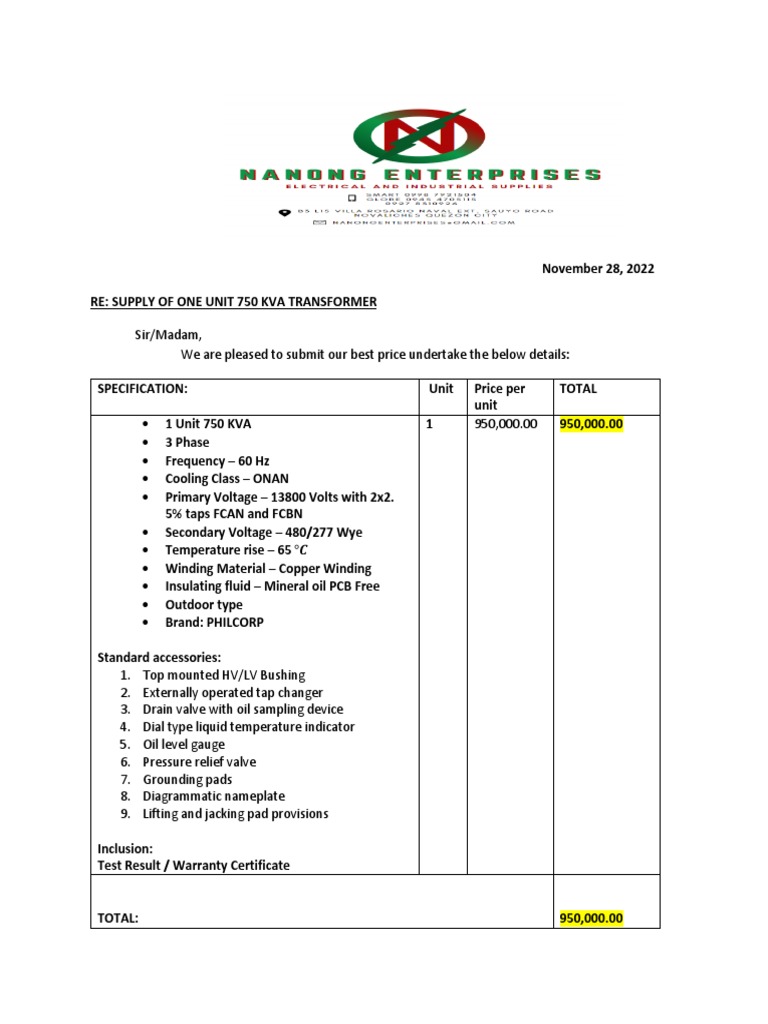 750 KVA Power Transformer Quotation | PDF | Transformer | Electrical ...