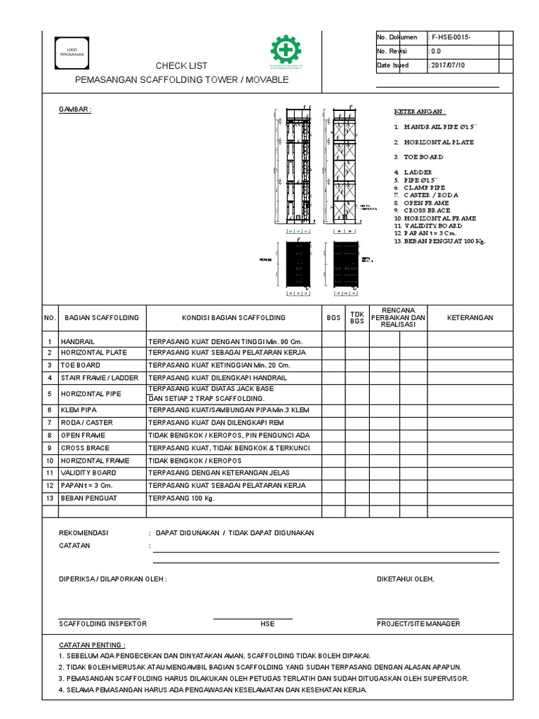 Form Checklist Inspeksi Pemasangan Scaffolding Tower Movable | PDF