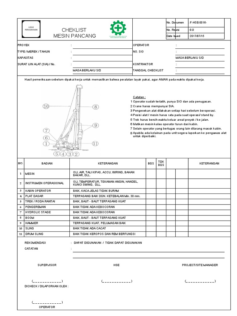 Form Checklist Inspeksi Mesin Pancang Pdf