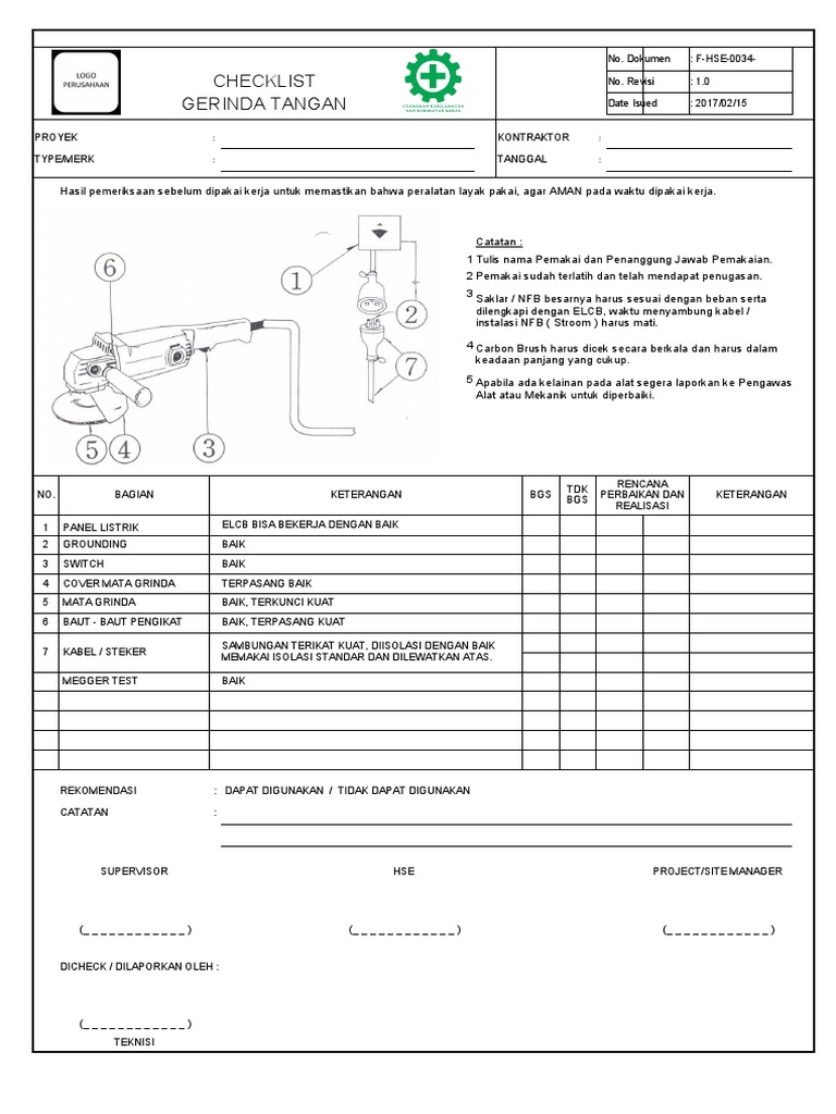 Checklist Inspeksi Gerinda Tangan | PDF