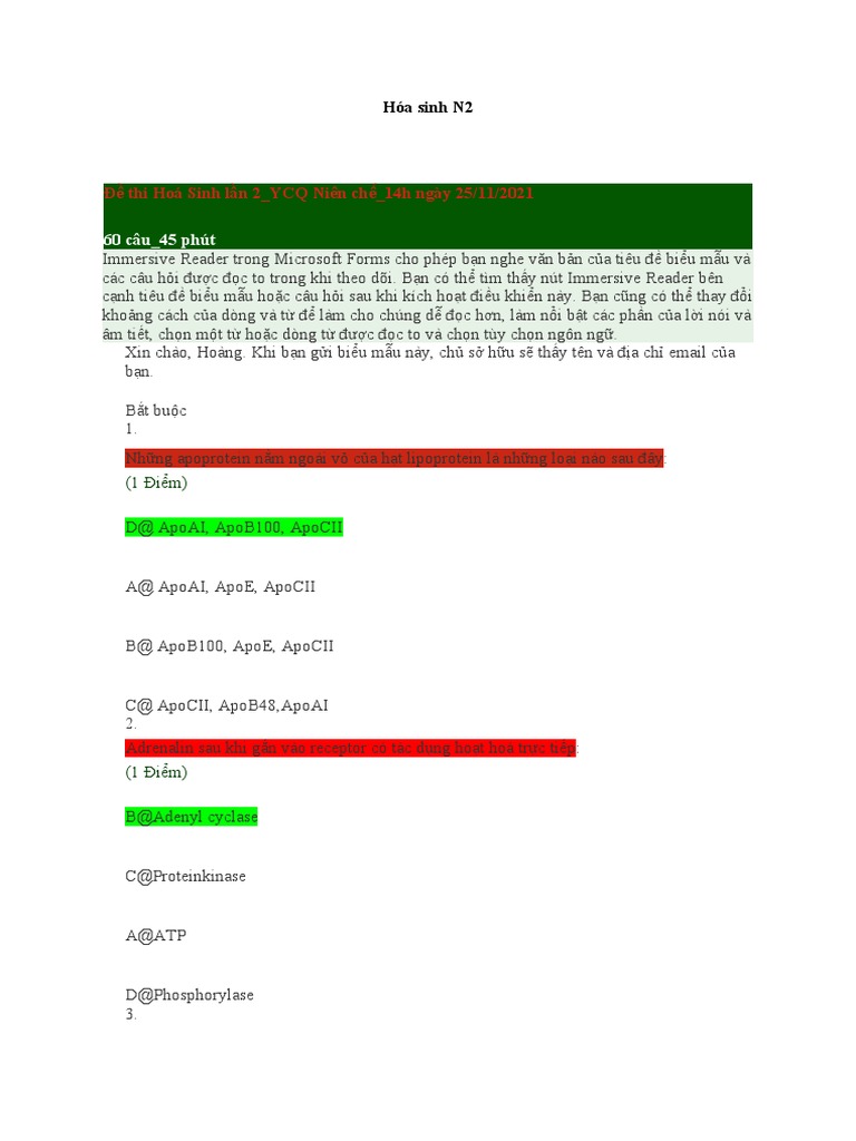 Đề Ôn Tập Hóa Sinh 2 | PDF