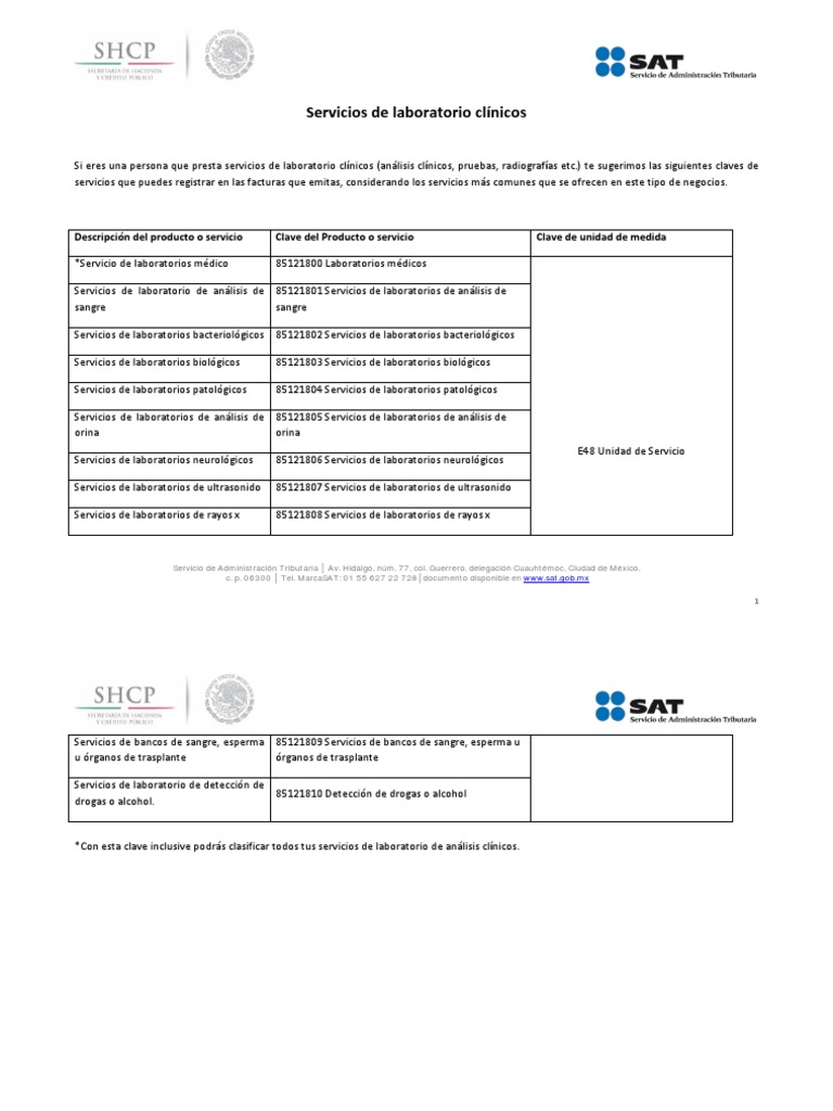 Claves SAT para Servicios de Laboratorio | PDF | Medicina | Medicina ...