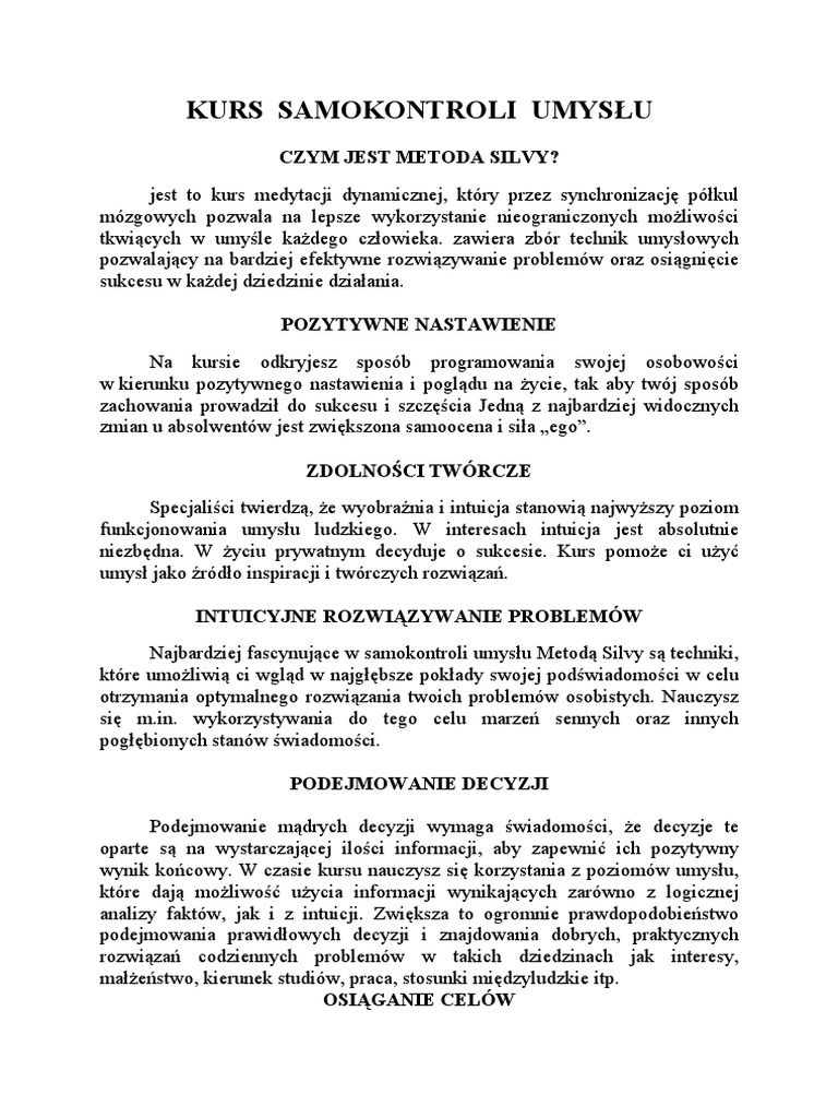Silva - Kurs Samokontroli Umyslu Metoda Silvy | PDF