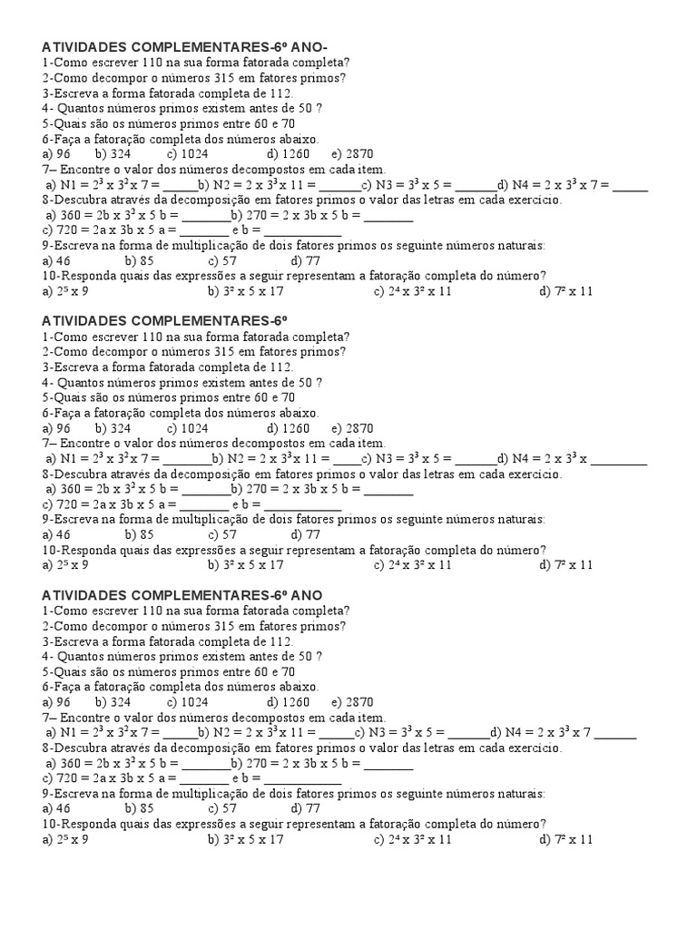 Atividades 6º Ano Decomposição | PDF