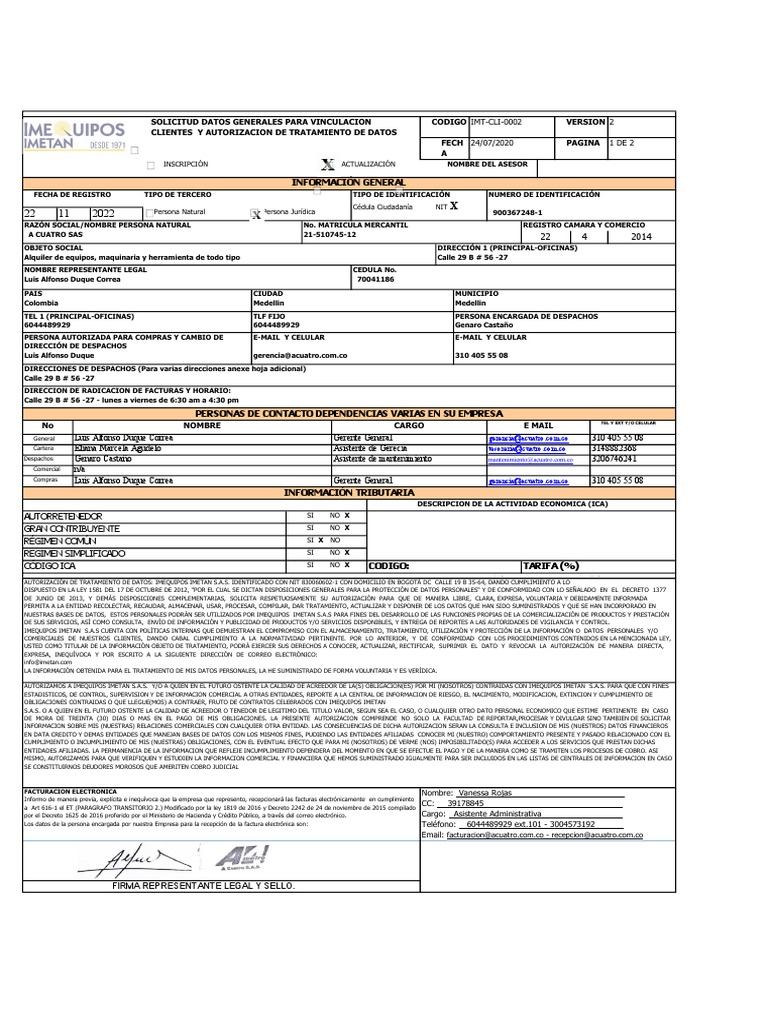 Formato Solicitud Creacion Cliente IMETAN | PDF | Privacidad de la información | Información