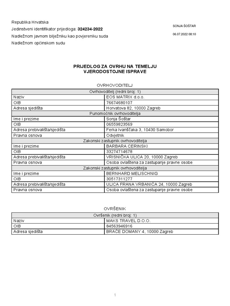 Prijedlog Za Ovrhu Na Temelju Vjerodostojne Isprave | PDF