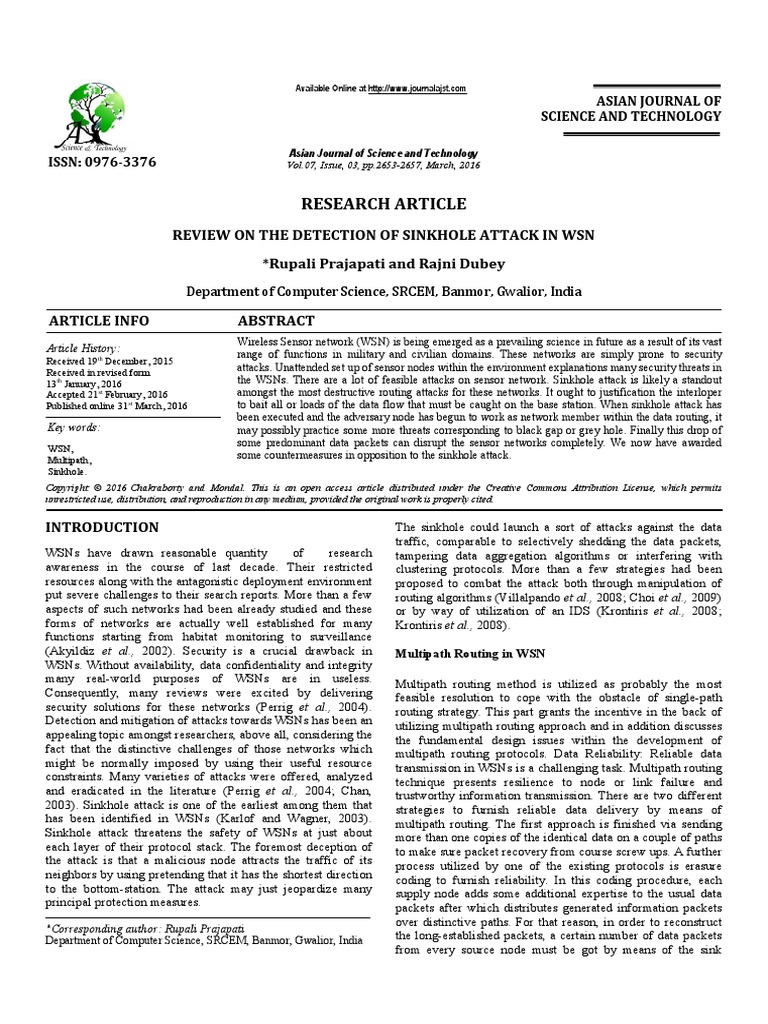 Research Article: Review On The Detection of Sinkhole Attack in WSN ...