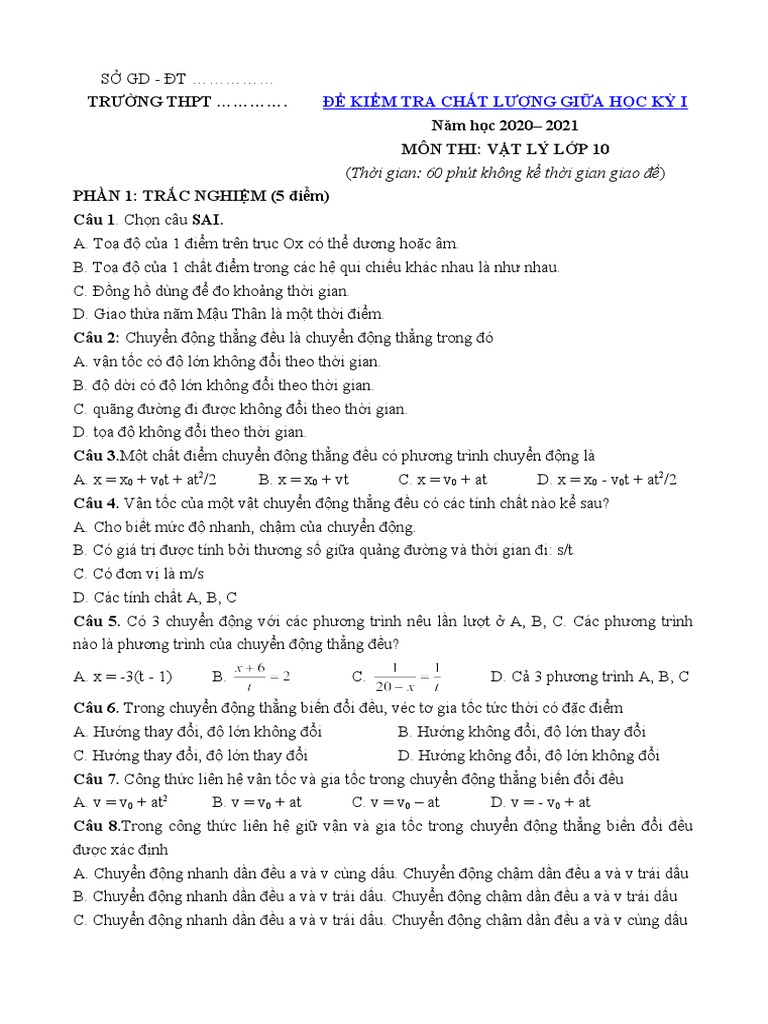 De Thi Giua Hoc Ki I Mon Vat Ly Lop 10 | PDF