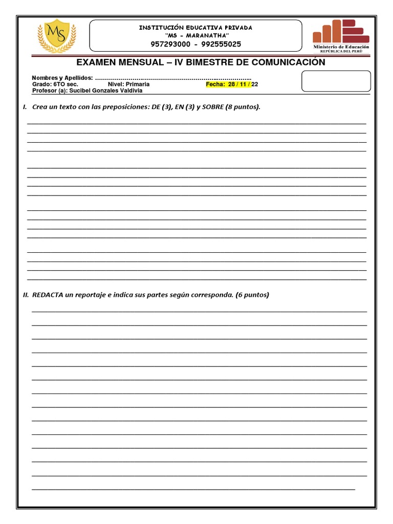 Examen de Comunicación 6to Primaria | PDF