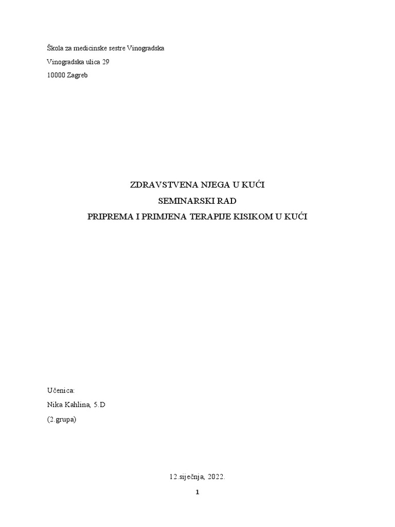 Primjena Terapije Kisikom U Kući - ZUK (Nika Kahlina, 5D2) | PDF