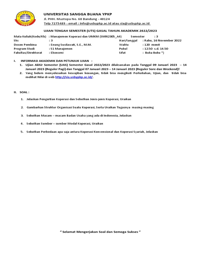 Soal Uts - A4 - Enung Susilawati, Se - MM - M.koperasi Dan Umkm - SMN 2305 - A4-Gasal 2022-2023 ...