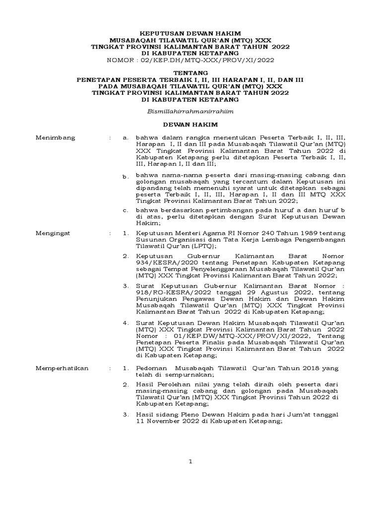 SK Juara MTQ XXX Prov Kalbar 2022 Lengkap | PDF