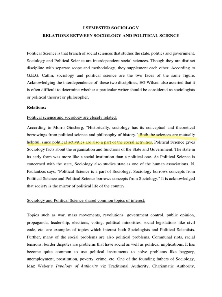 Relations Between Sociology and Political Science | PDF | Sociology ...