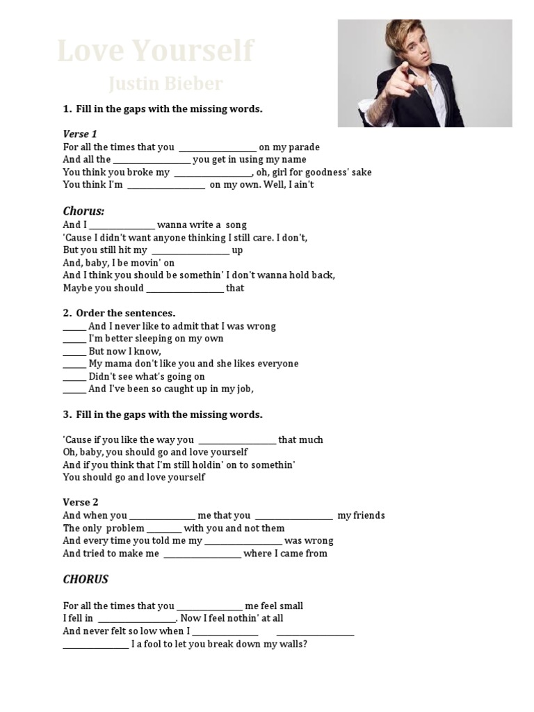 Love Yourself Justin Bieber Gap Fill Activities With Music Songs ...