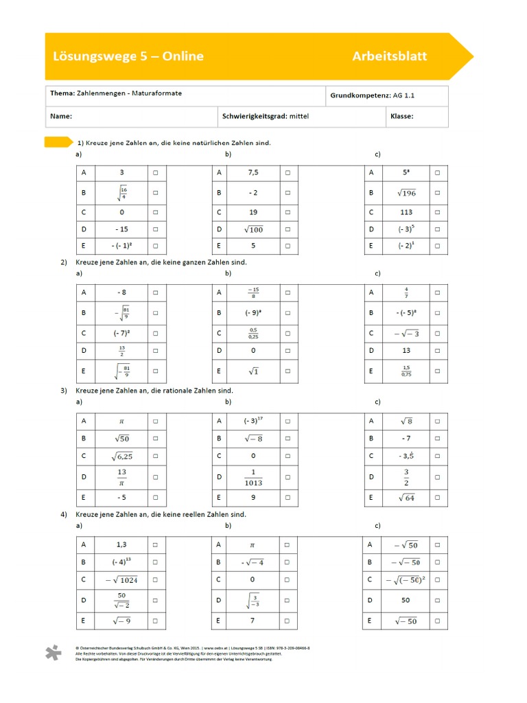 Arbeitsblatt Zahlenmengen | PDF