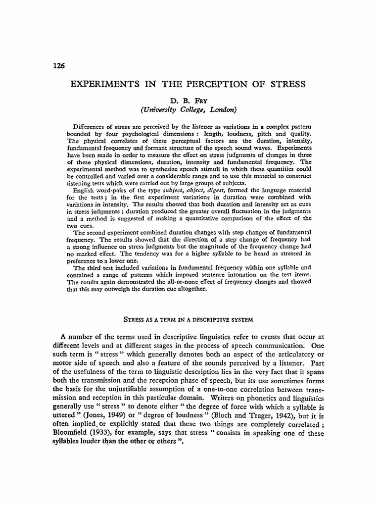 Experiments in The Perception of Stress by D.B. Fry (1958) | PDF ...