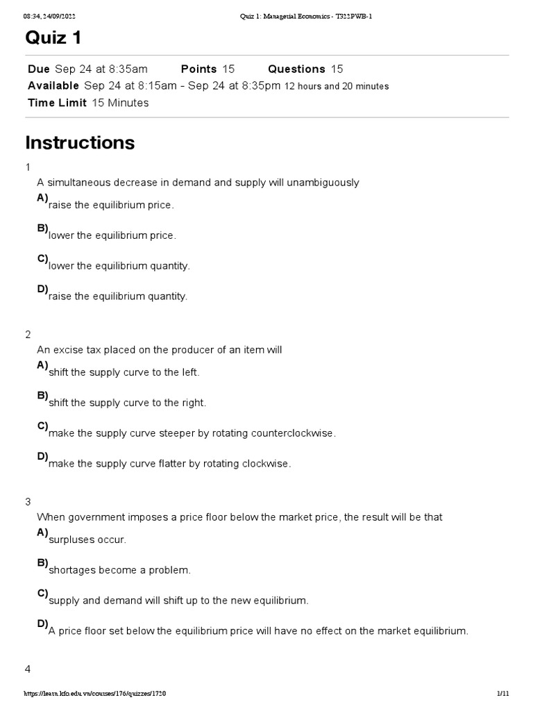 Managerial Economics Quiz 1 Overview | PDF | Supply And Demand ...