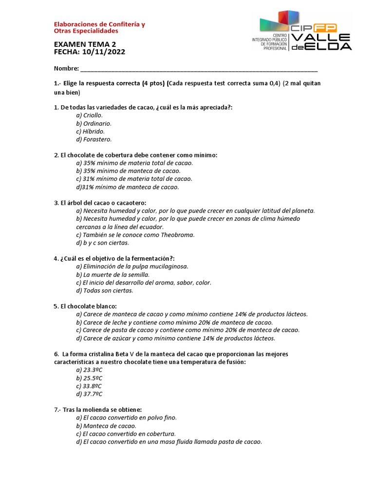 Examen Tema 2 | PDF | Chocolate | Alimentos