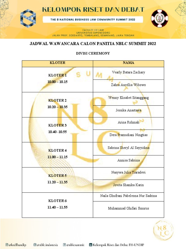 Jadwal Wawancara Calon Panitia NBLC Summit 2022 | PDF